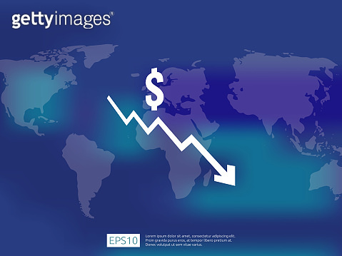 dollar money fall down symbol with world map and blur background. arrow decrease economy ...