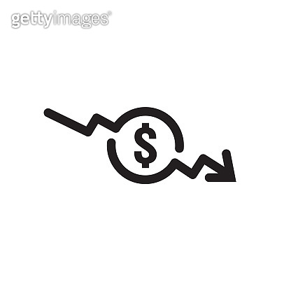 dollar arrow decrease icon. Money arrow symbol. economy stretching rising drop fall down ...