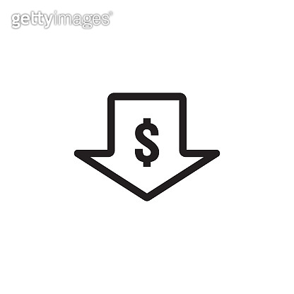 dollar arrow decrease icon. Money arrow symbol. economy stretching rising drop fall down ...