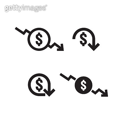 dollar decrease icon set. Money symbol with arrow stretching rising drop fall down. Business ...
