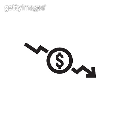 dollar decrease icon. Money symbol with arrow stretching rising drop fall down. Business cost ...