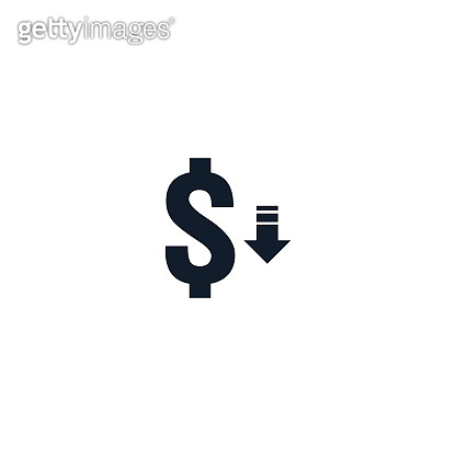 dollar decrease icon. Money symbol with arrow stretching rising drop fall down. Recession ...