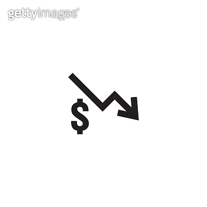 dollar decrease icon. Money symbol with arrow stretching rising drop fall down. Business cost ...