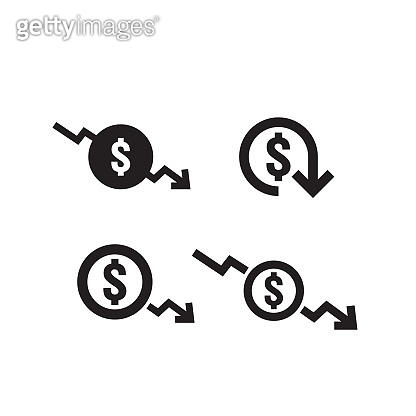 dollar decrease icon set. Money symbol with arrow stretching rising drop fall down. Business ...