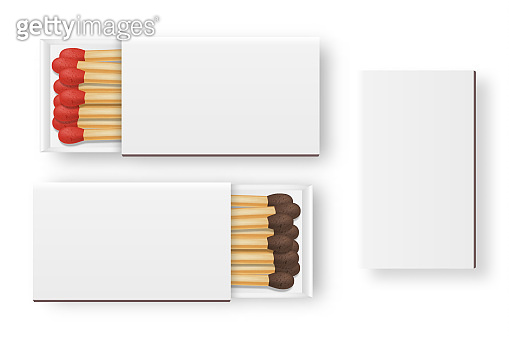 Vector 3d realistic closed and opened blank box of matches with brown ...