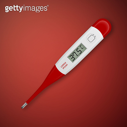 Vector realistic 3d red fever celsius electronic medical thermometer ...