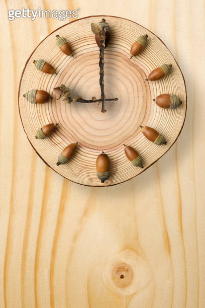 Acorn clock pointing 9 o'clock hung on the wooden wall (1069034240 ...