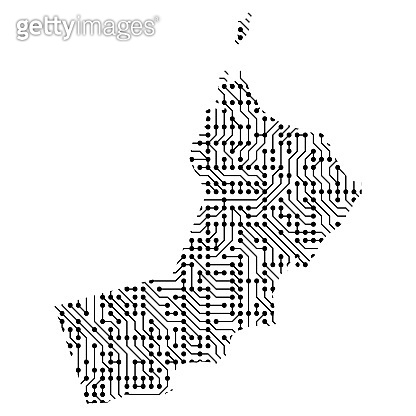 Abstract schematic map of Oman from the black printed board, chip and ...