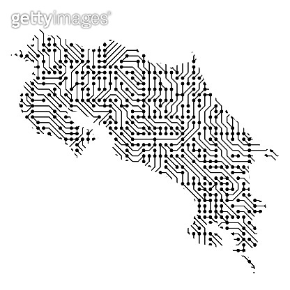 Abstract schematic map of Costa Rica from the black printed board, chip ...