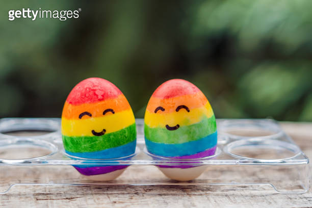 Two eggs are colored in the colors of the rainbow as a flag of gays and ...