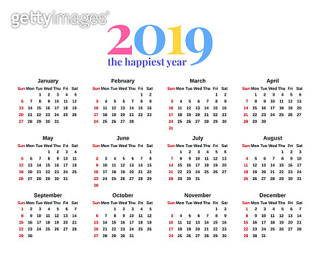 2019 Calendar year. Vector illustration. Template planner. (1077397552 ...