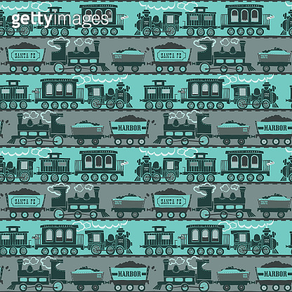 Seamless_Retro_Train_Railroad_Pattern_Silhouette_Cartoon_Turquoise_Gray ...