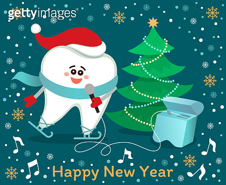 Skating singing cartoon tooth with Christmas tree (1087011584) 일러스트, 무료 ...