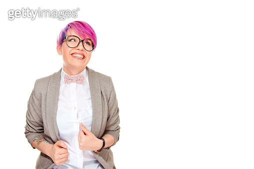 Woman with crossed eyes geek nerd looking up timid smiling laughing 이미지 ...