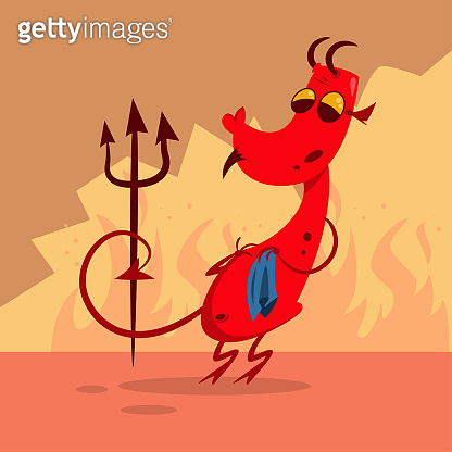 Devil in hell. Sad demon with horns, tail, trident with rag in his hand ...