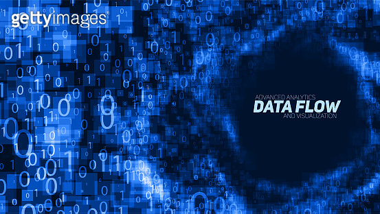 Vector abstract big data visualization. Blue glowing data flow as binary numbers. Computer code ...