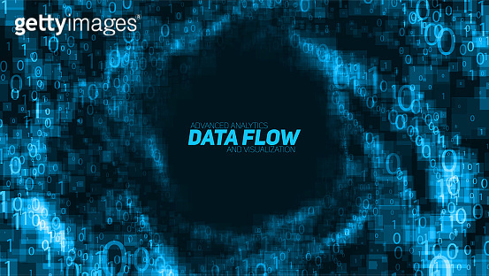 Vector abstract big data visualization. Blue glowing data flow as binary numbers. Computer code ...