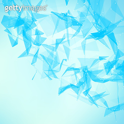 Abstract vector blue mesh background. Chaotically connected points and polygons flying in space ...