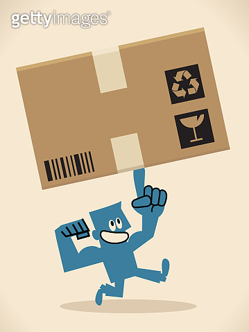 Strong man running and carrying a big cardboard box by an index finger ...
