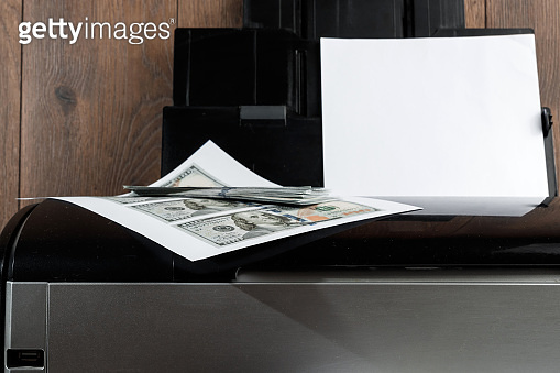 Printer and printed US dollars, counterfeit banknotes, currency ...