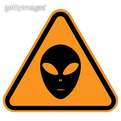 WARNING ALIENS sign. Martian head silhouette in yellow and black ...