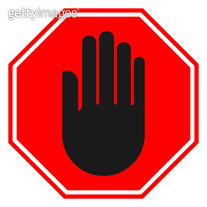 STOP HAND sign. Black hand silhouette in red octagon. Vector icon 이미지 ...