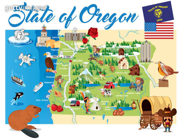 Cartoon map of OREGON 이미지 (932443820) - 게티이미지뱅크
