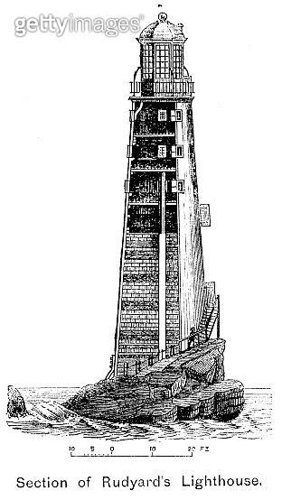 Victorian engraving of a cross section of John Rudyard's lighthouse ...