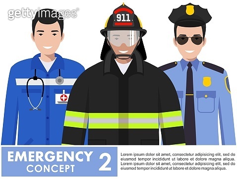Emergency concept. Detailed illustration of firefighter, doctor and ...