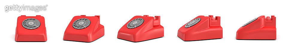 3d rendering of five isolated red retro rotary phones without receivers ...