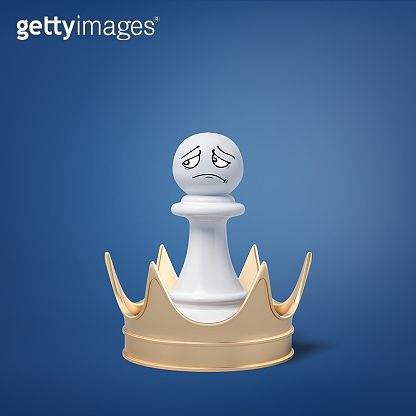 3d rendering of small white pawn with a sad drawn face stands in the ...