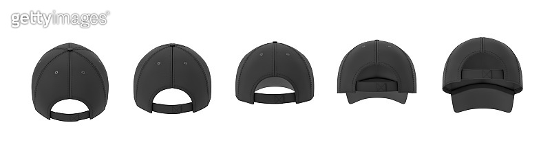 3d rendering of five black baseball caps shown in one line in a back ...