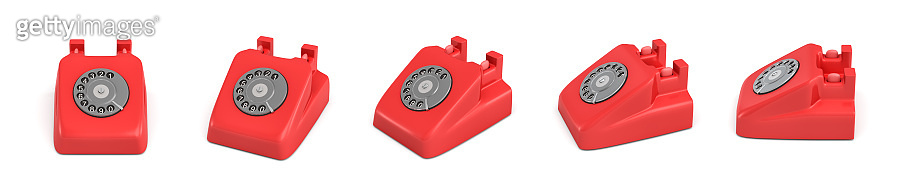 3d rendering of five isolated red retro rotary phones without receivers ...