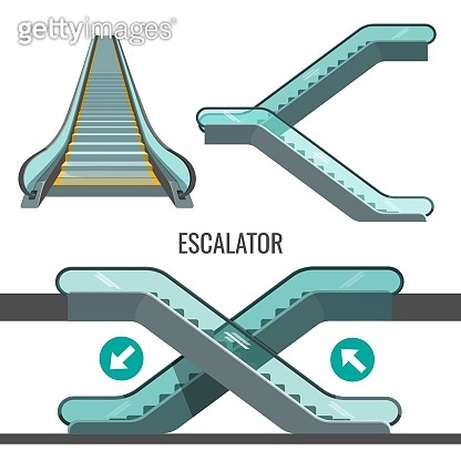 Escalator moving staircase with arrows showing way of movement 이미지 (951870892) - 게티이미지뱅크