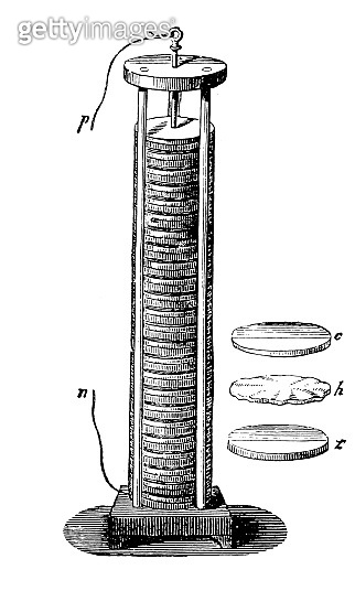 Voltaic pile invented by the italian physicist Alessandro Volta (1745 ...