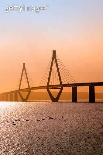 faro bridge in sunset light, the highway bridge over the Storstroem in ...
