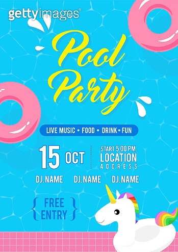 Pool party invitation flyer vector illustration, Top view of swimming ...