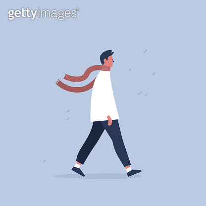 Young male character wearing a scarf. Autumn. Windy weather. Flat ...