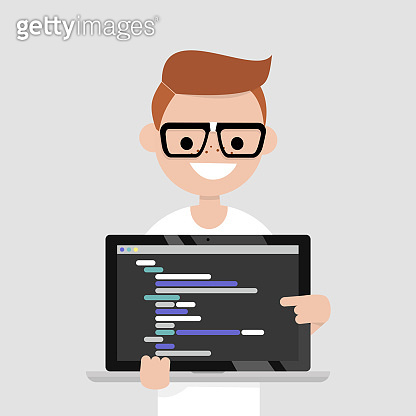 Young programmer pointing on the laptop screen. Programming code ...