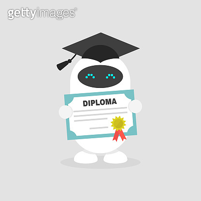 Machine learning. Graduated cute robot wearing a cap and holding a ...