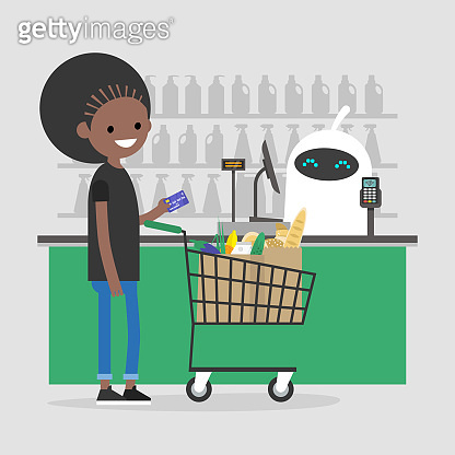Artificial intelligent. Automatic payment system. Robot at the cash ...