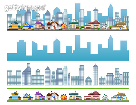 Urban skylines set, downtown and suburbs cityscapes, vector, isolated ...
