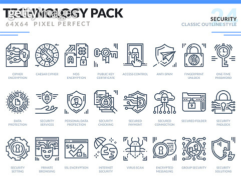 Security Icons Set. Technology outline icons pack. Pixel perfect thin line vector icons for web ...
