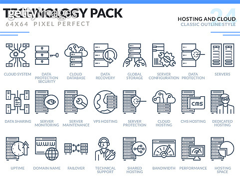 Hosting and Cloud Icons Set. Technology outline icons pack. Pixel ...