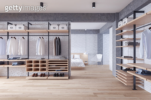 Modern loft dressing room and bedroom interior concept, walk- in closet ...