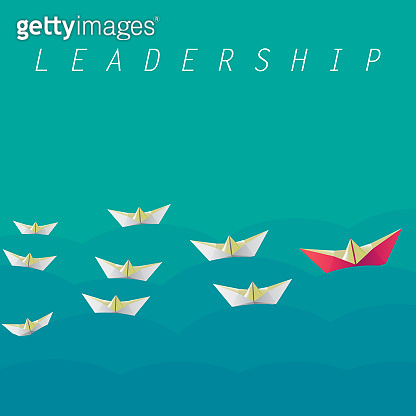 Leadership concept. One red leader boat lead other white boats forward ...