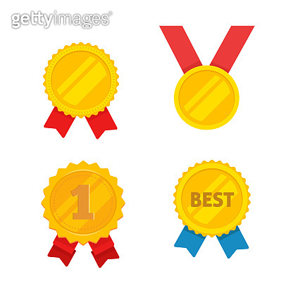 Medal gold vector set, flat cartoon golden medallion, award symbol ...