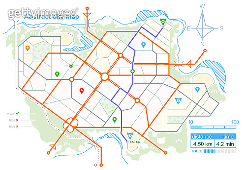 Generic map of an imaginary city, with the specified road route. Scheme ...