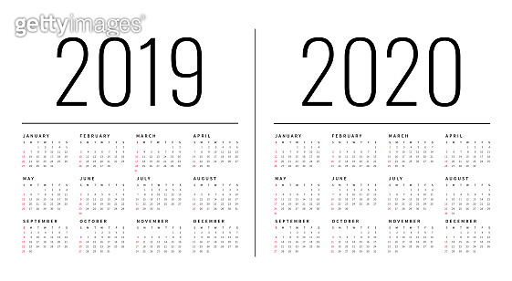 Mockup Simple calendar Layout for 2019 and 2020 years. Week starts from ...
