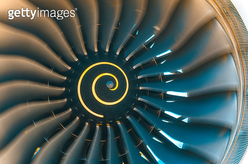 Background turbine blades rotate jet engine aircraft close up. 이미지 ...